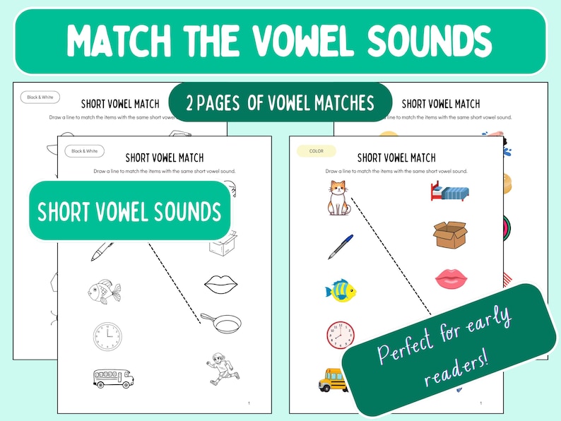 Short Vowel Matching Pages, Short Vowel Sound Practice, Match the Short ...