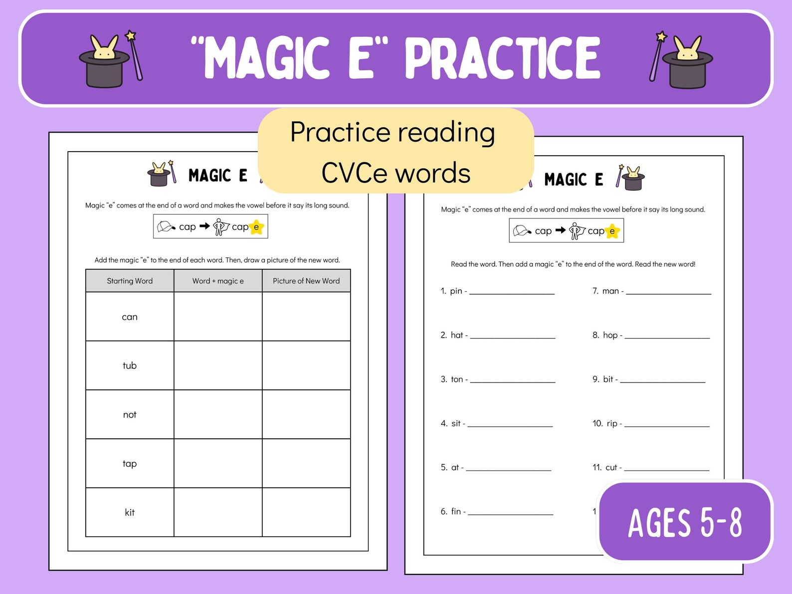 Magic E Practice Worksheets: 2 Worksheets to Practice Words That End in ...