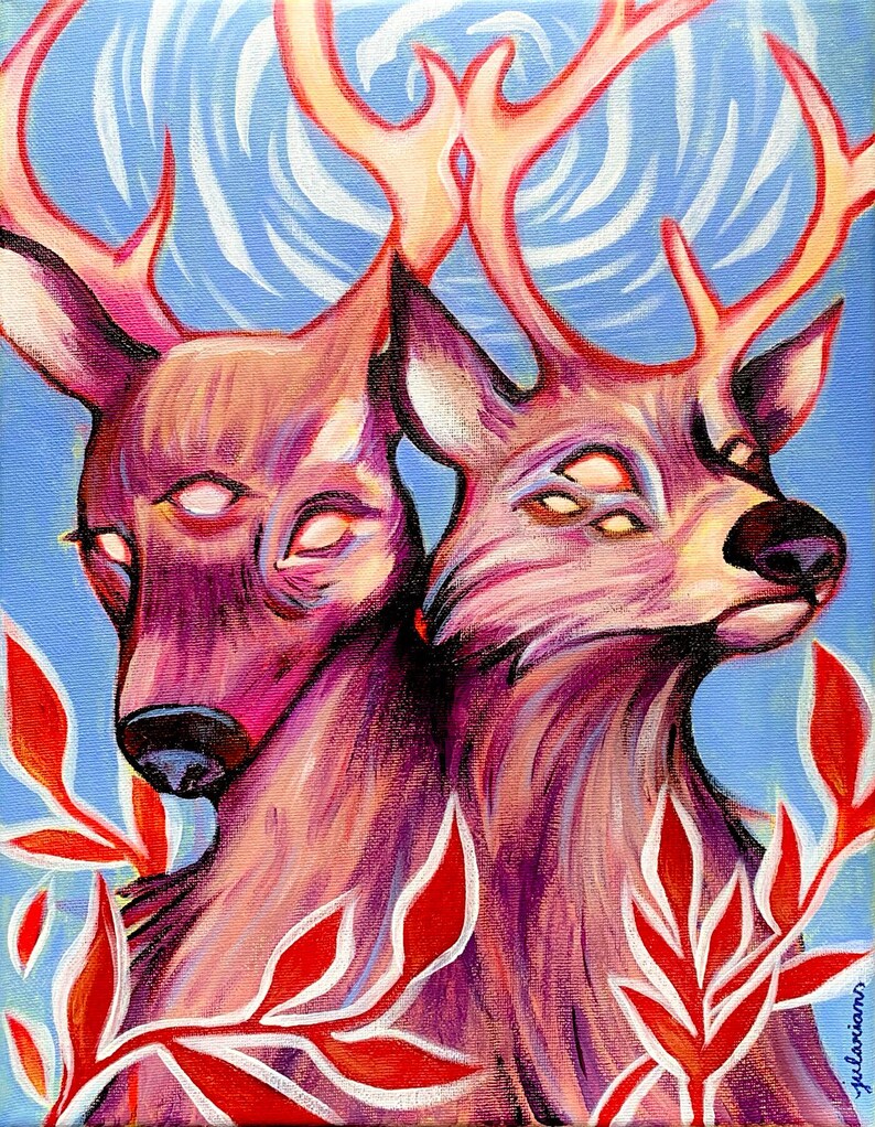 Art Print - "as One" Two Headed Deer Art Print - Cryptid Oddities Canvas Textured Art Poster ...