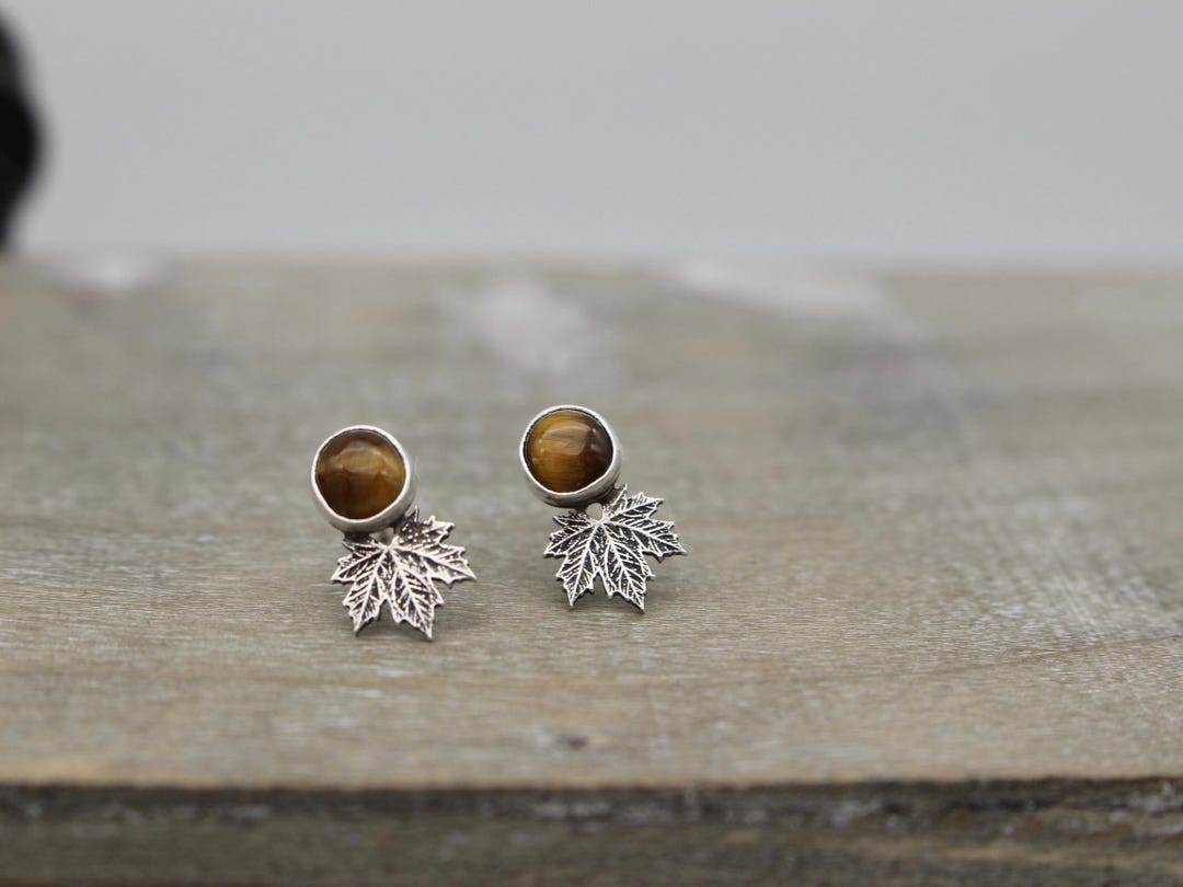 Maple Leaf Stud Earrings in Sterling Silver / Tiger Eye Nature Inspired Earrings / Gift for Her ...