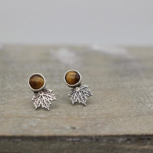 Maple Leaf Stud Earrings in Sterling Silver / Tiger Eye Nature Inspired ...