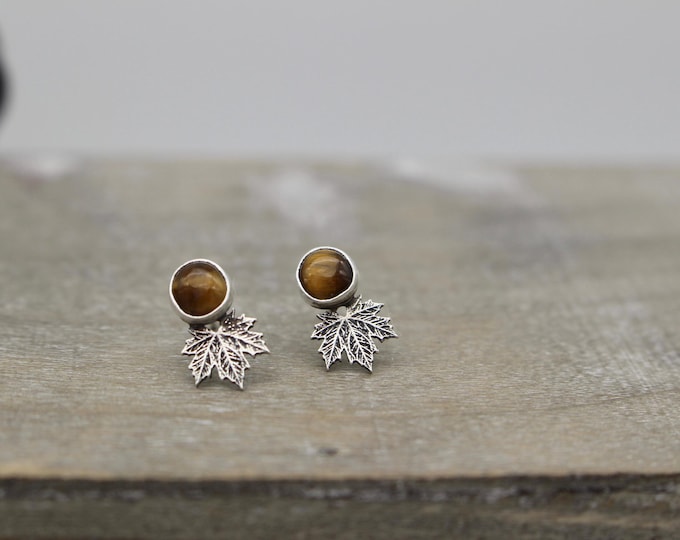 Maple Leaf Stud Earrings in Sterling Silver / Tiger Eye Nature Inspired ...