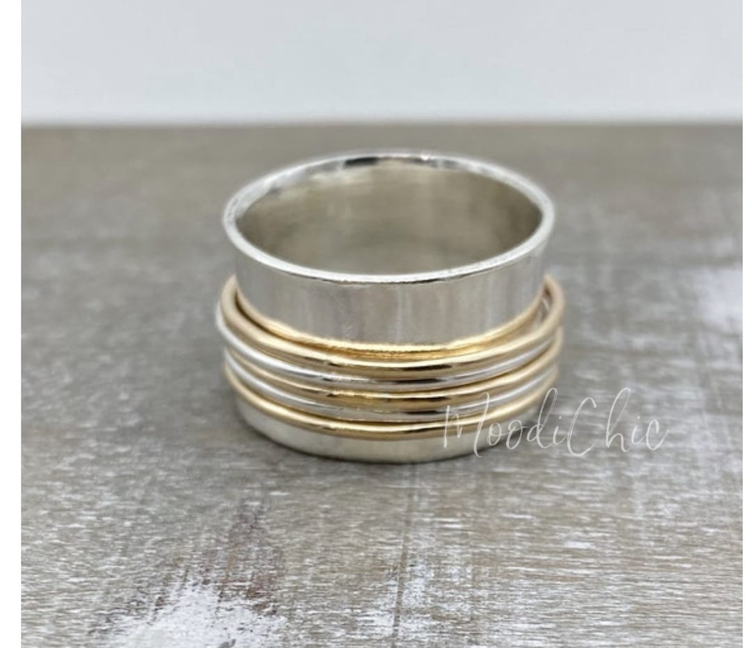 Sterling Silver Gold Wide Band Spinner Ring - Fiddle Meditation Rings ...