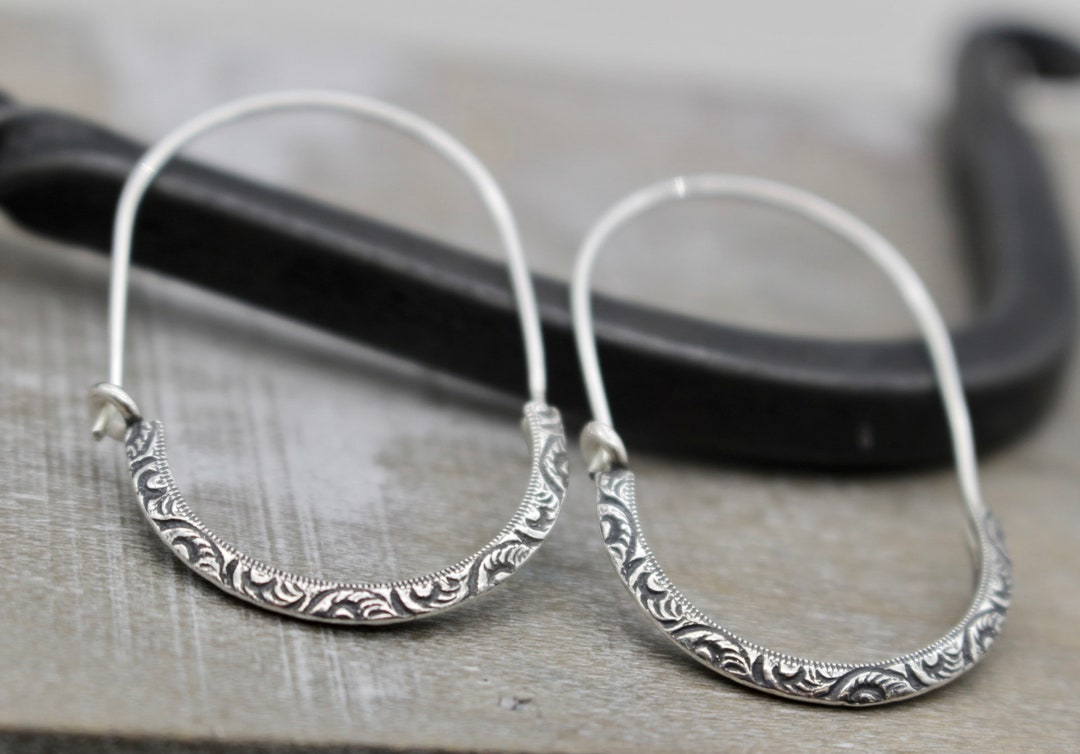 Oxidized Sterling Silver Triangle Hoop Earrings: Floral Wire Boho Hoops ...