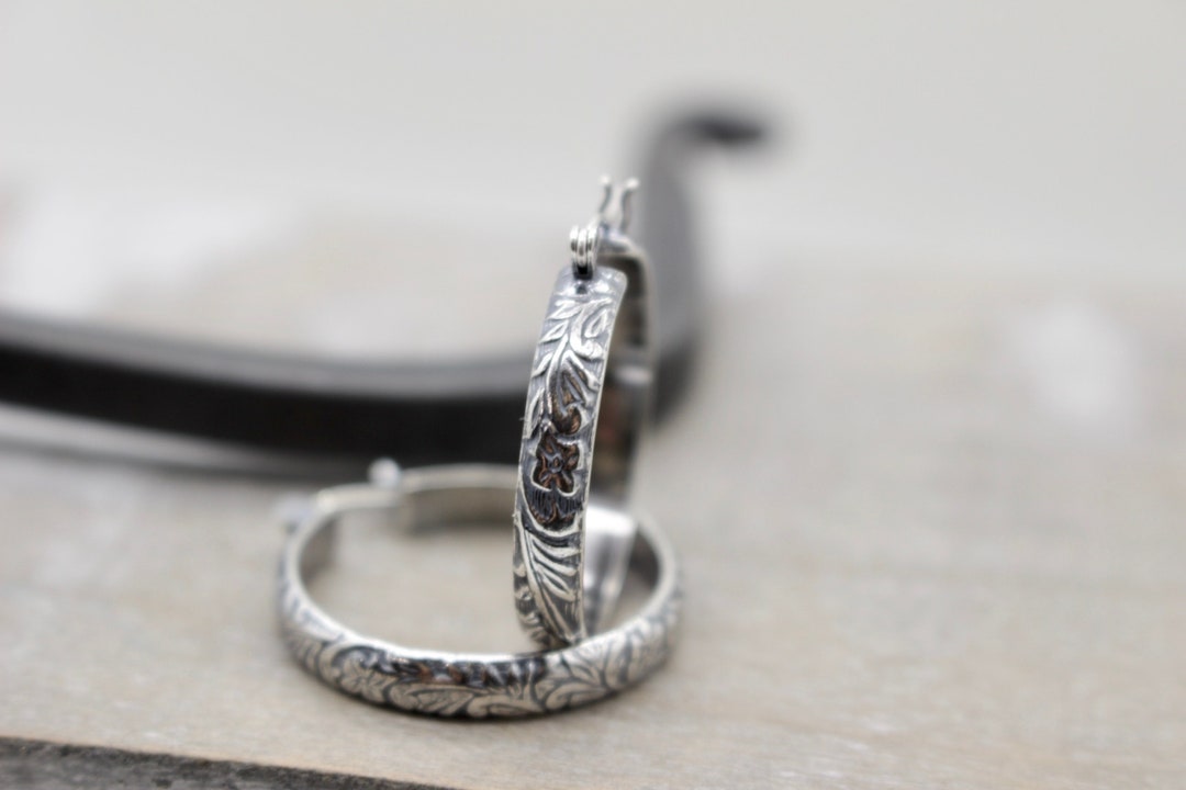 Floral Sterling Silver Hoop Earrings - Rustic Lever Back Earrings - Etsy