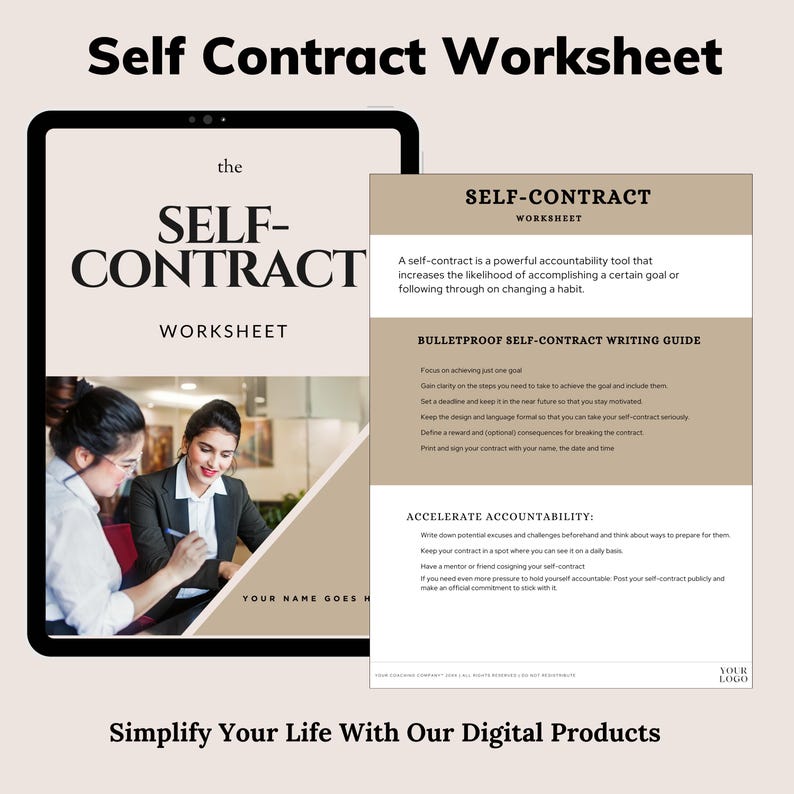 Self Contract Worksheet, Behavior Contract Template, Coaching Contract ...