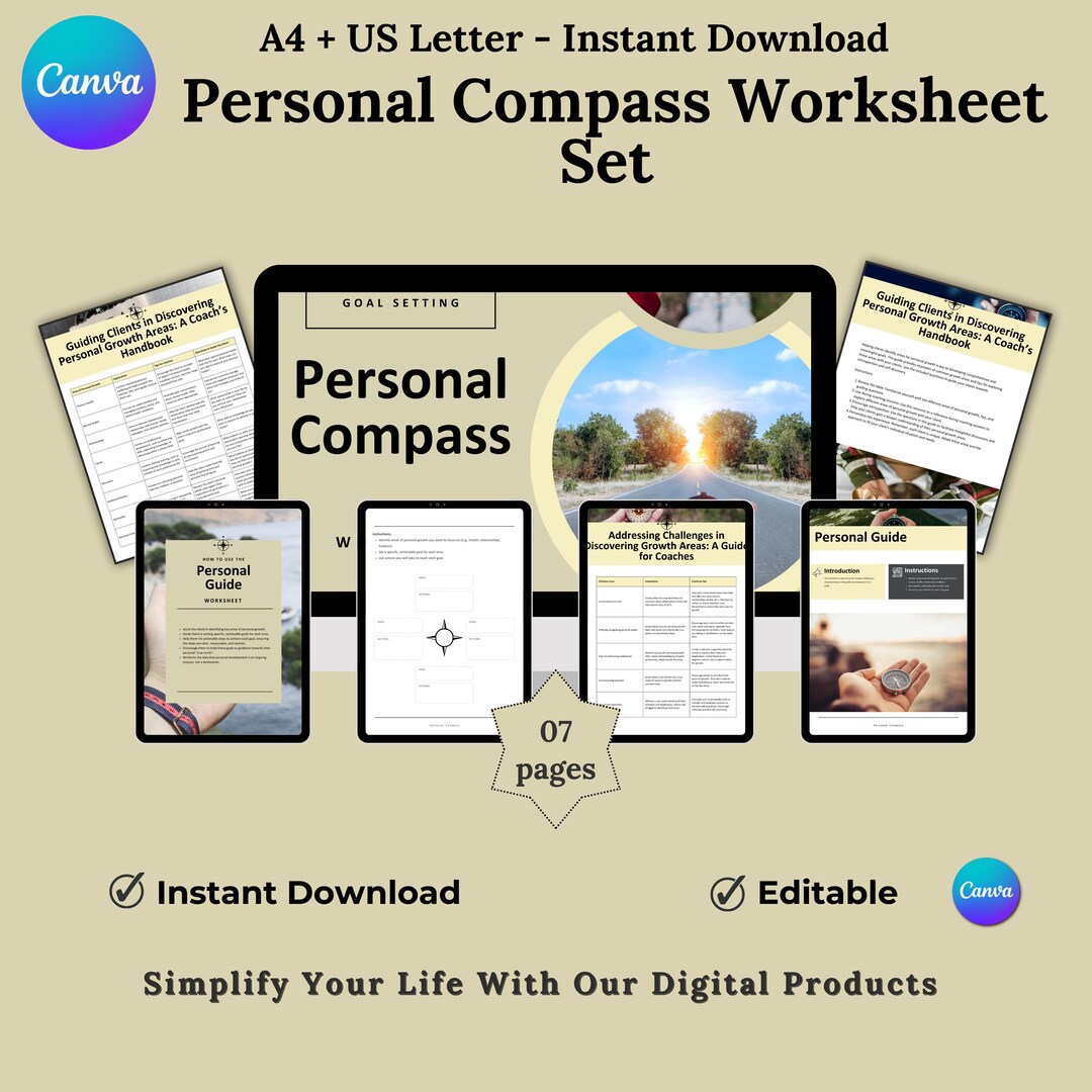 Personal Compass Worksheet, Life Coaching Tools, Goal Tracker Worksheet ...