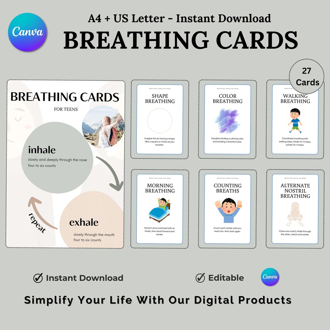 Breathing Exercises Cards, Deep Breathing Affirmation Cards, Stress ...