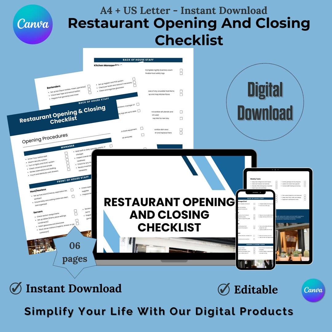 Restaurant Checklist, Restaurant Opening and Closing Template ...