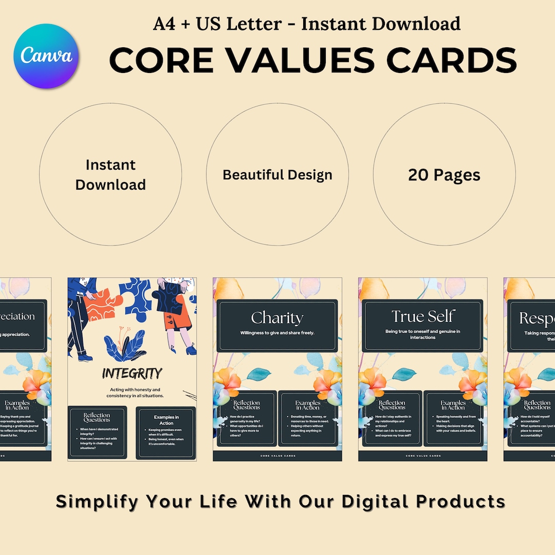 Core Values Cards, Honor and Integrity Affirmation Cards, Motivational ...