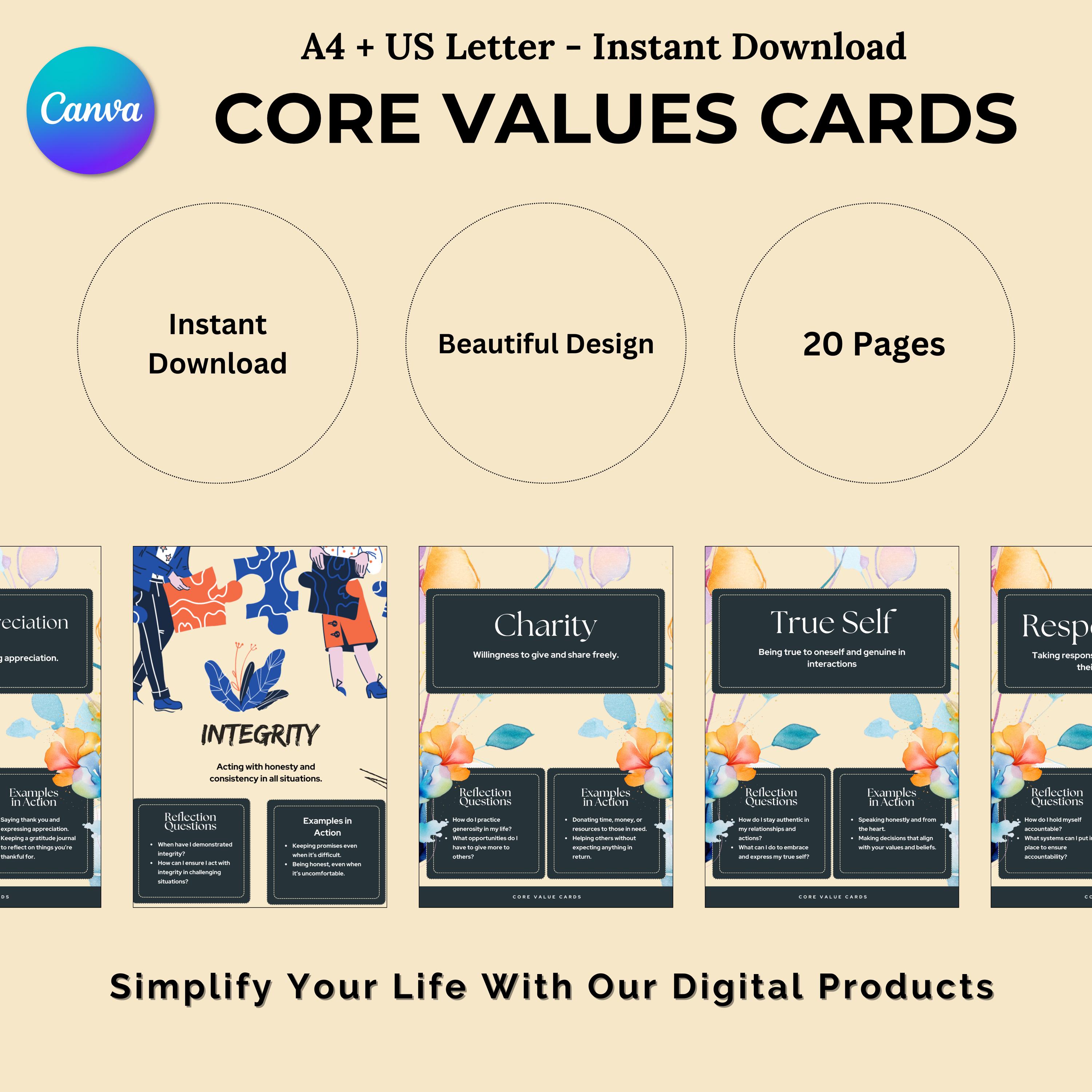 Core Values Cards, Honor and Integrity Affirmation Cards, Motivational ...
