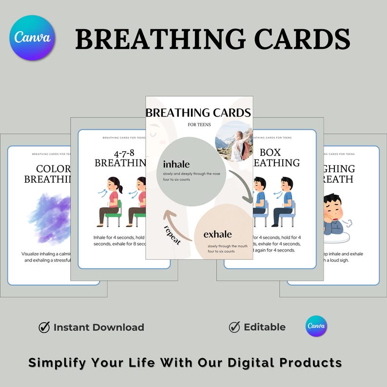 Breathing Exercises Cards, Deep Breathing Affirmation Cards, Stress Relief Techniques ...