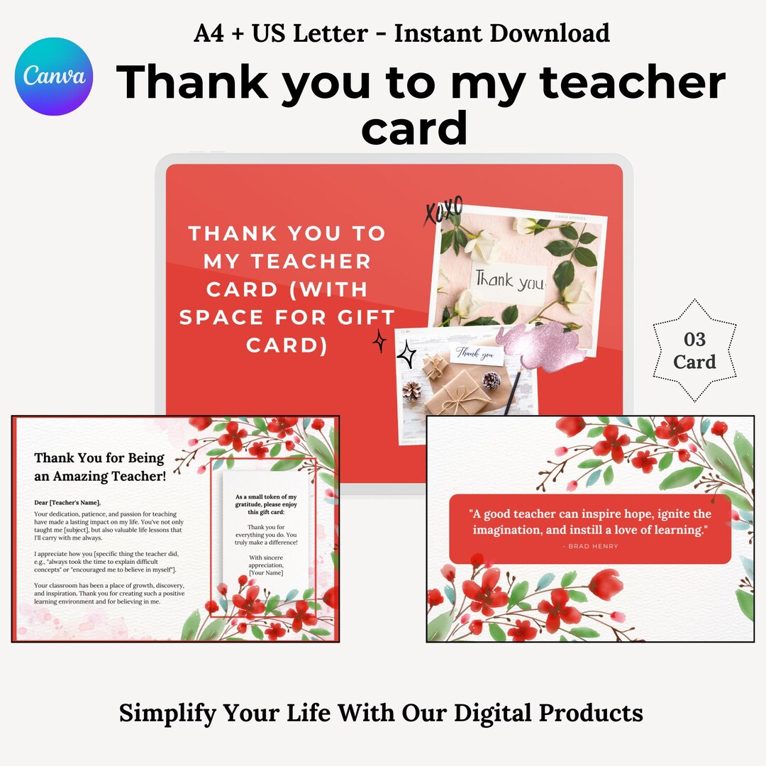 Thank You to My Teacher Card, Teacher Appreciation Gift Ideas, Handmade ...