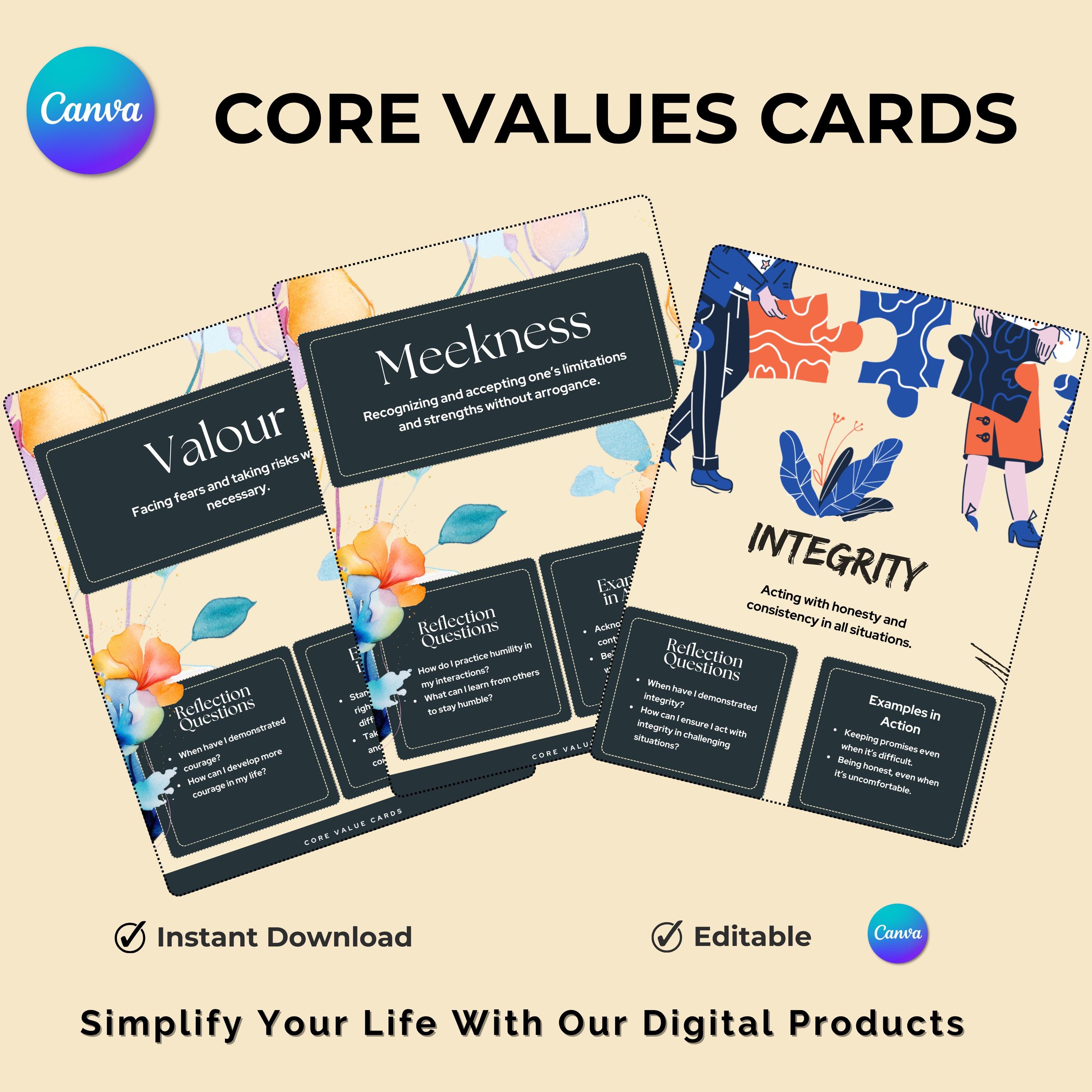 Core Values Cards, Honor and Integrity Affirmation Cards, Motivational ...