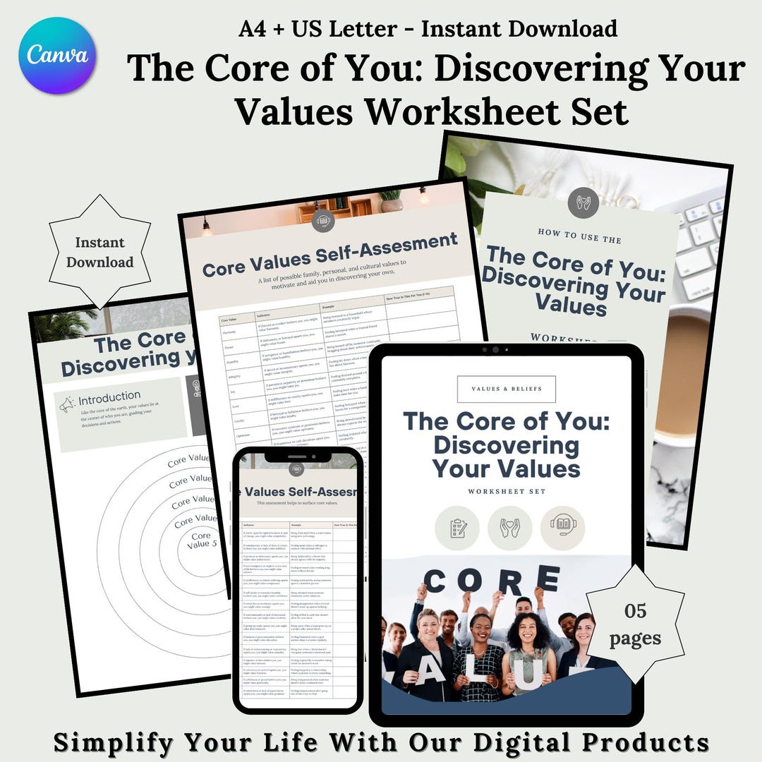 Discovering Your Values Worksheets, Core Values Assessment, Self ...