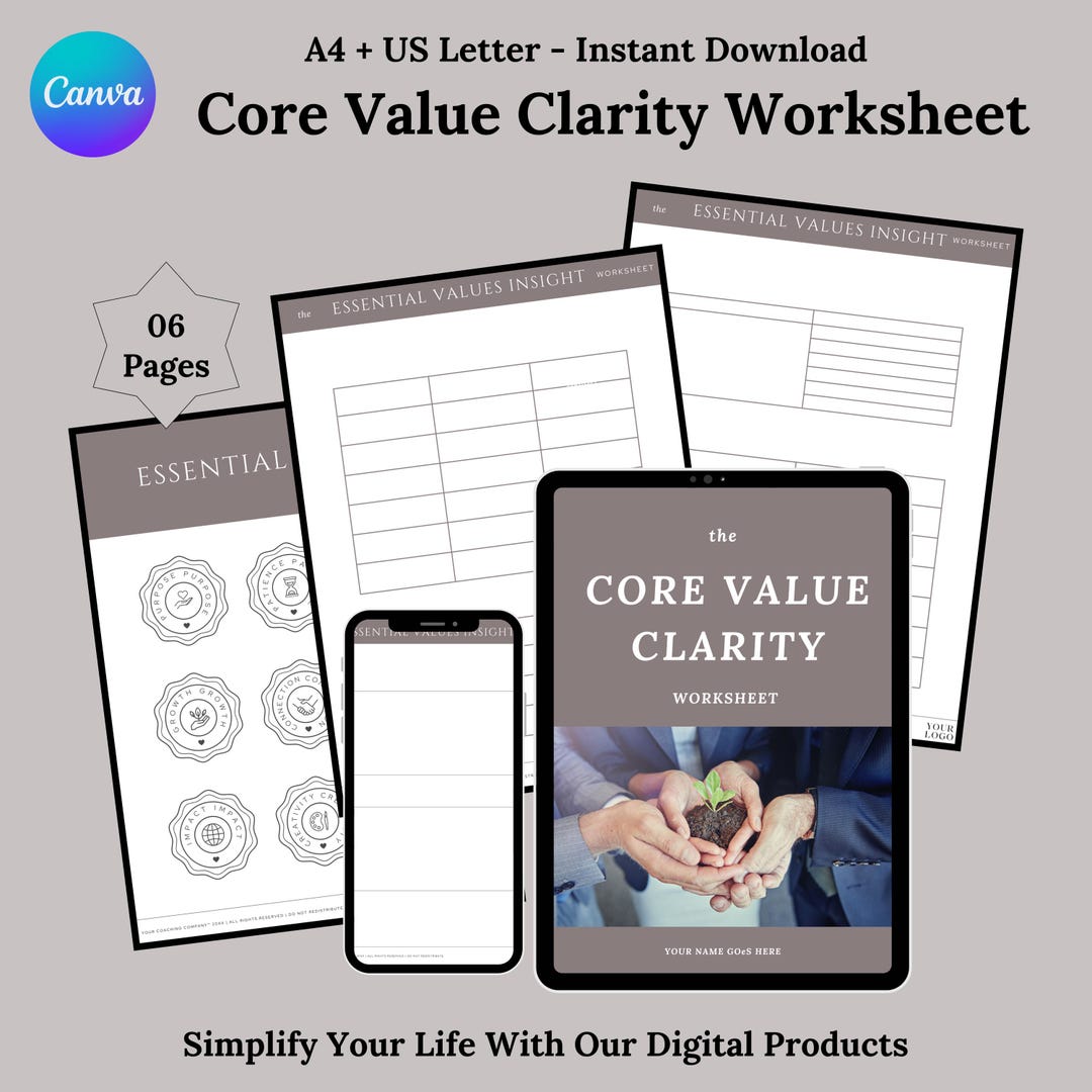 Core Value Worksheet, Mental Clarity Worksheet, Personal Development ...