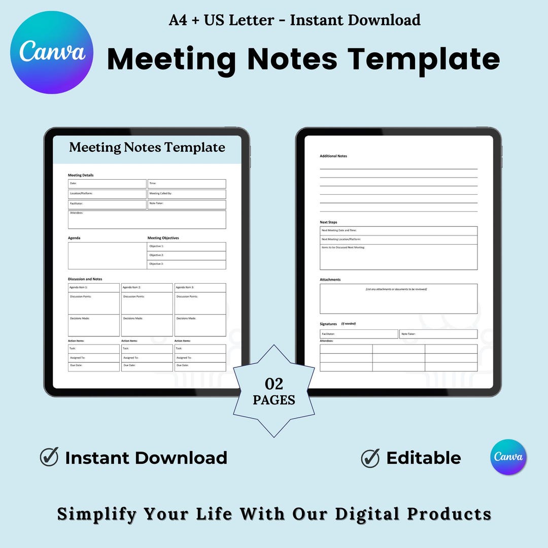 Meeting Notes Template, Client Meeting Tracker, Task Notes Taking ...