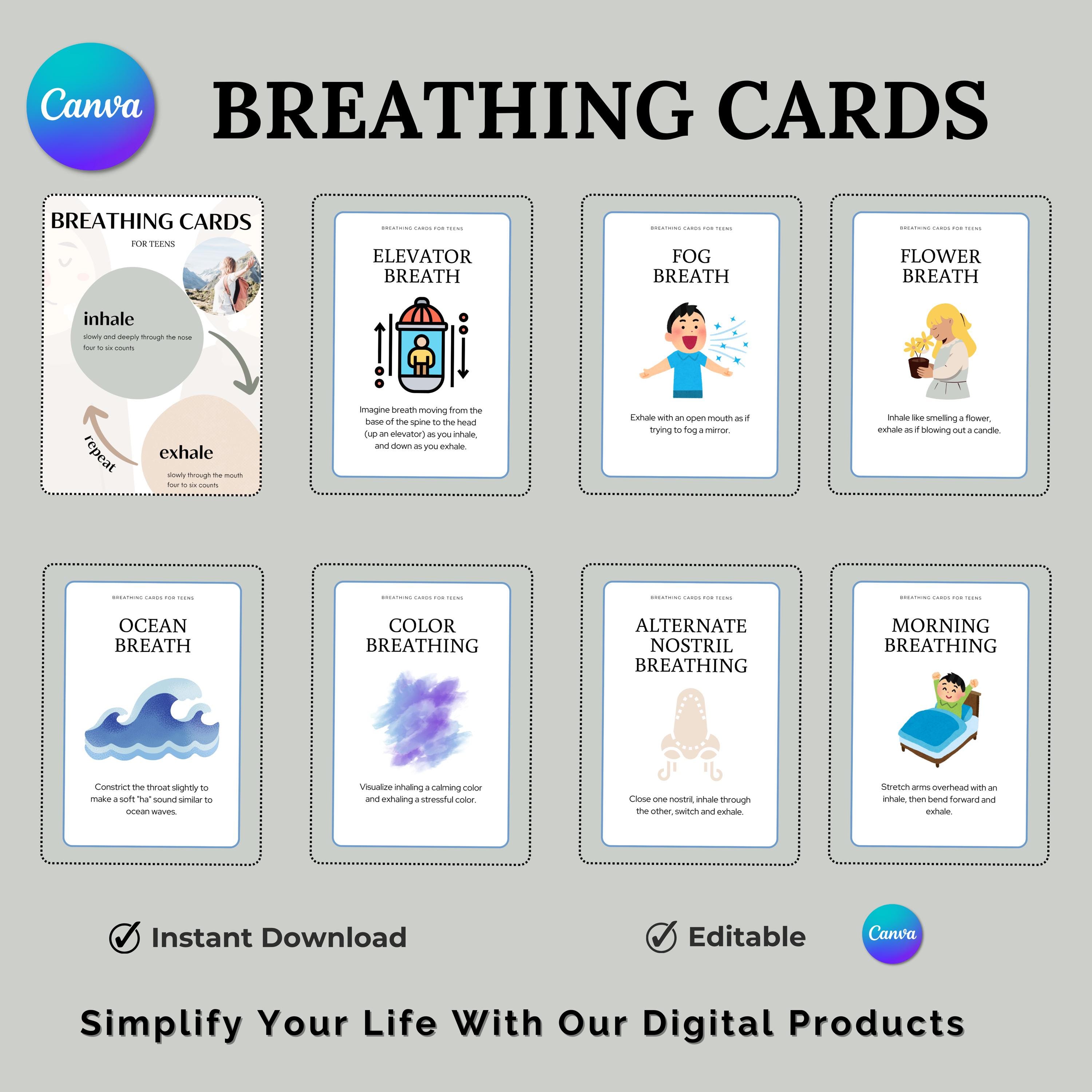 Breathing Exercises Cards, Deep Breathing Affirmation Cards, Stress ...