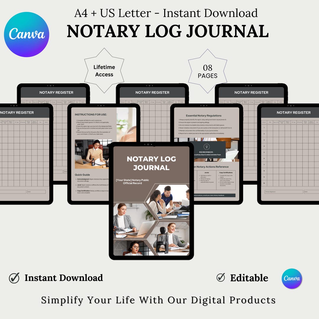 Notary Log Journal, Notary Log Book Template, Notary Marketing Record ...
