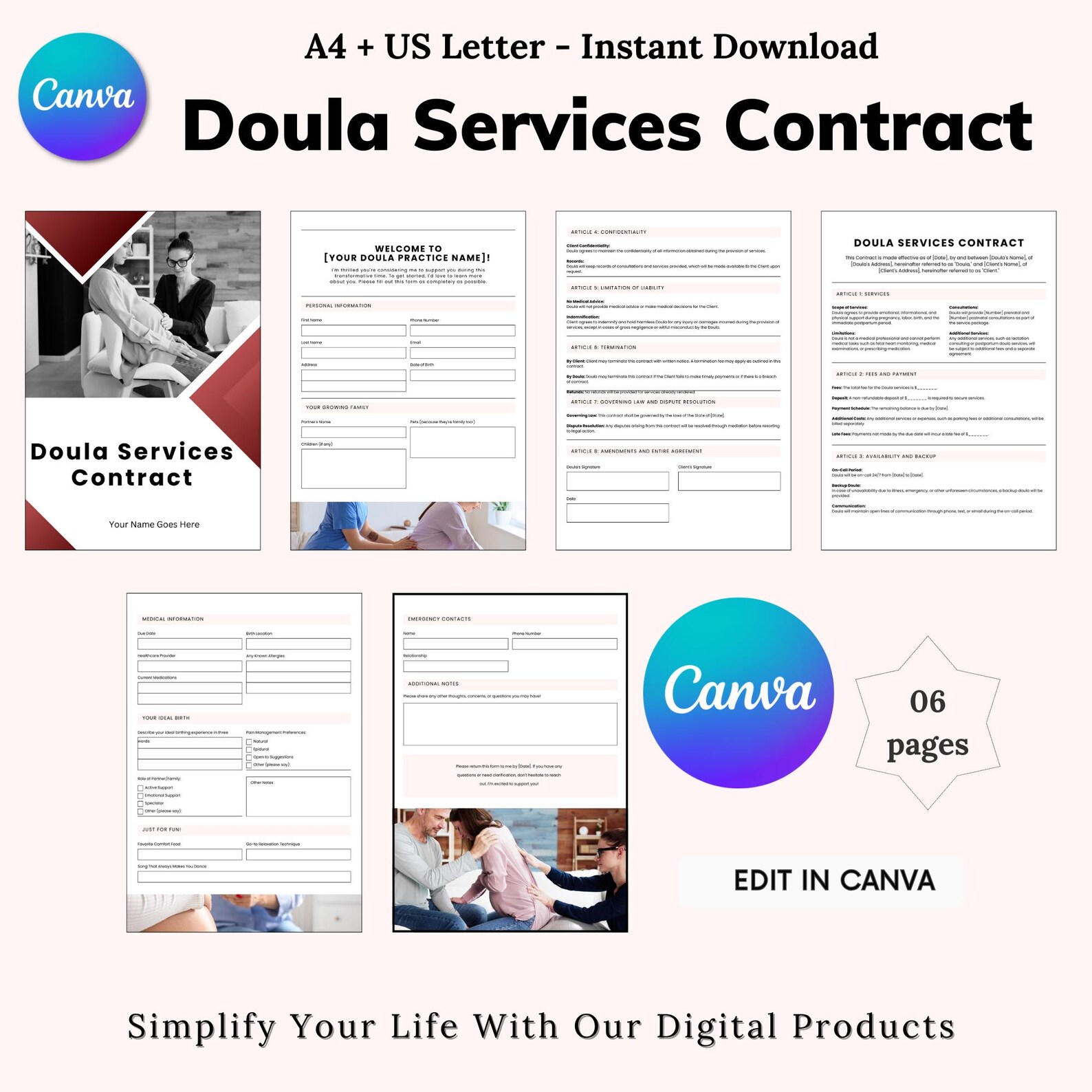 Doula Template, Doula Services Contract Template, Postpartum Doula ...