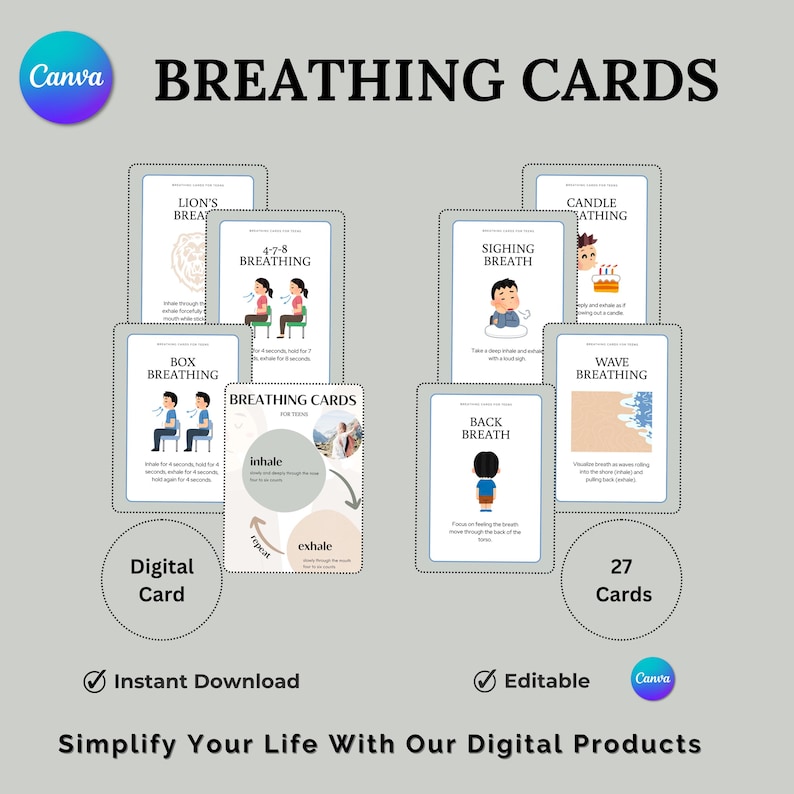 Breathing Exercises Cards, Deep Breathing Affirmation Cards, Stress ...