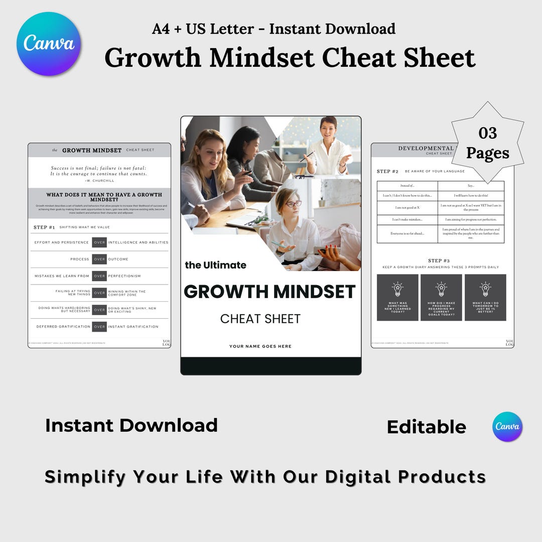 Growth Mindset Cheat Sheet, Personal Development Worksheet Template ...