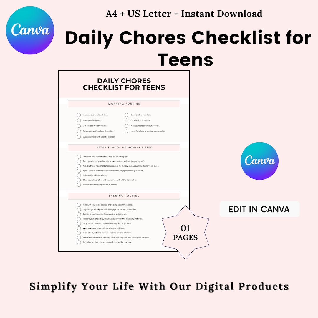 Daily Chores Checklist, Daily Routine Chart for Teen, Kids ...