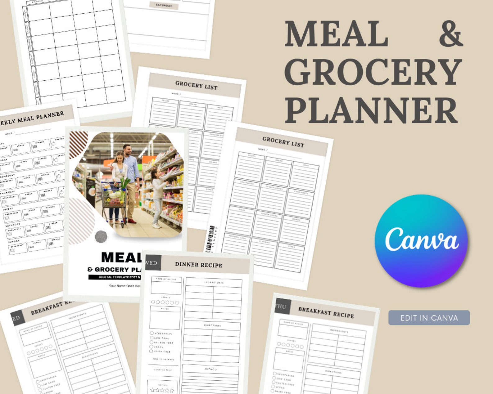 Digital Meal Planner, Weekly Grocery Planner Template, Meal Planning ...