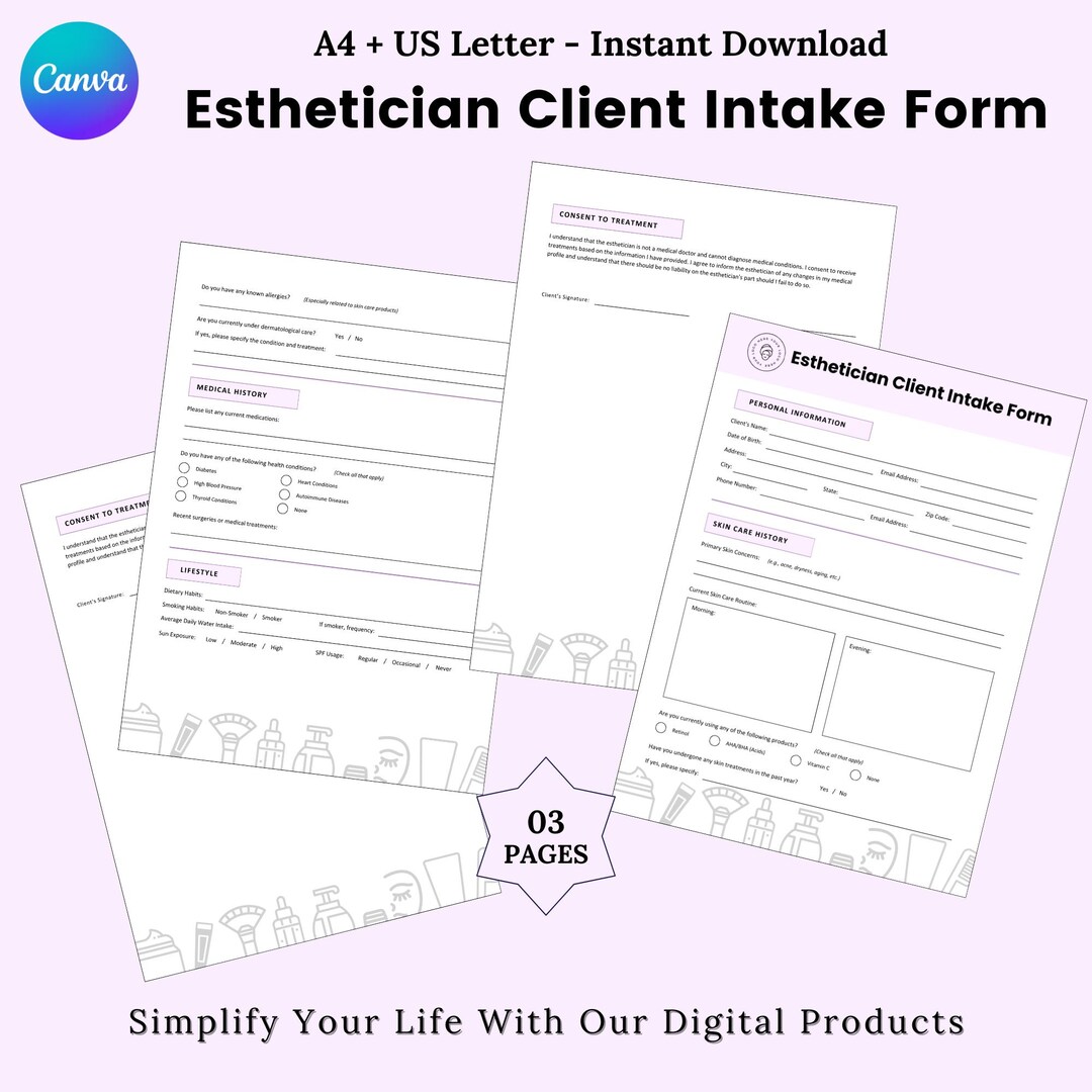 Esthetician Client Intake Form, Skincare Consultation Template, Beauty ...