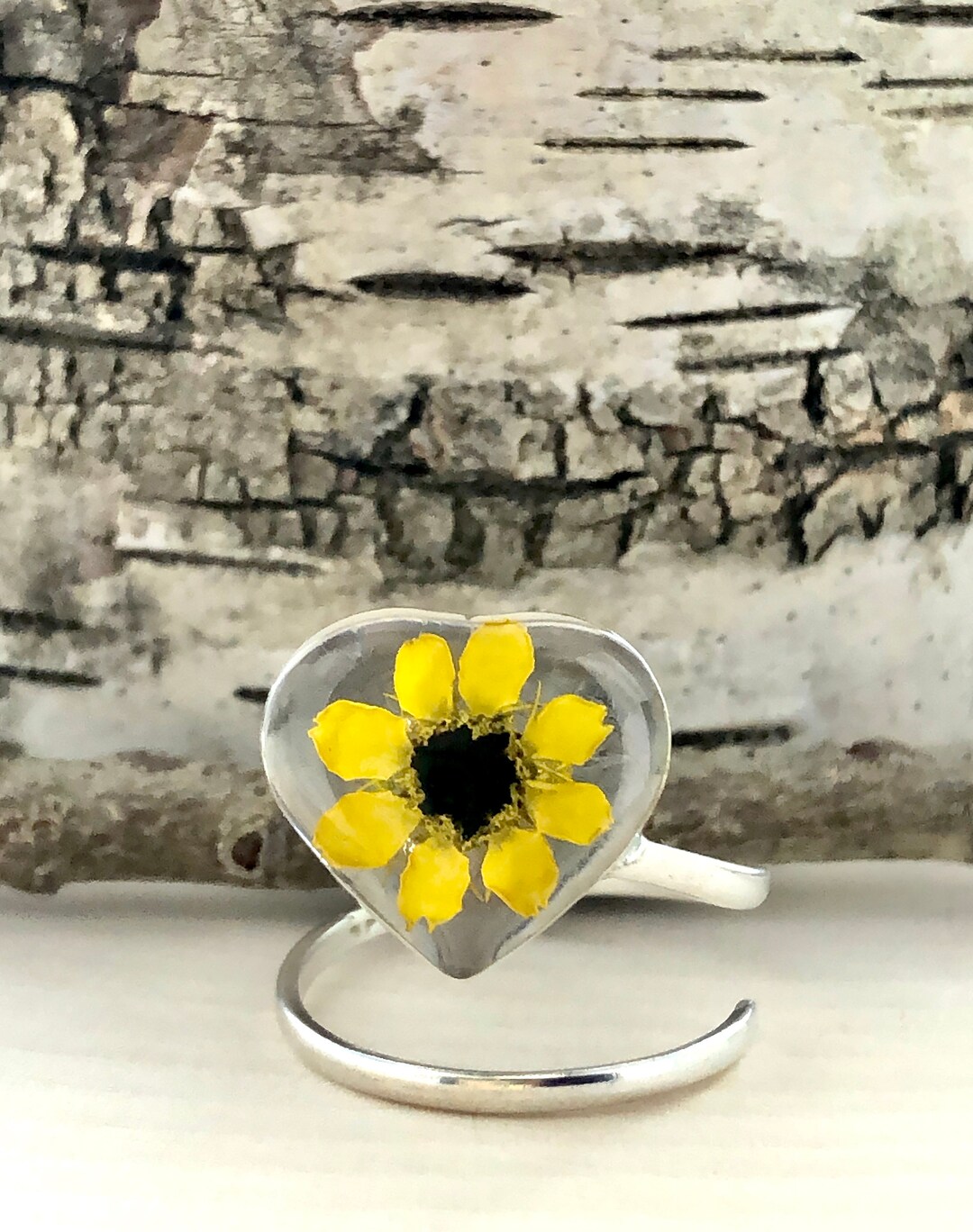Sunflower Ring, Sterling Silver Sunflower, Pressed Sunflower Heart Ring ...