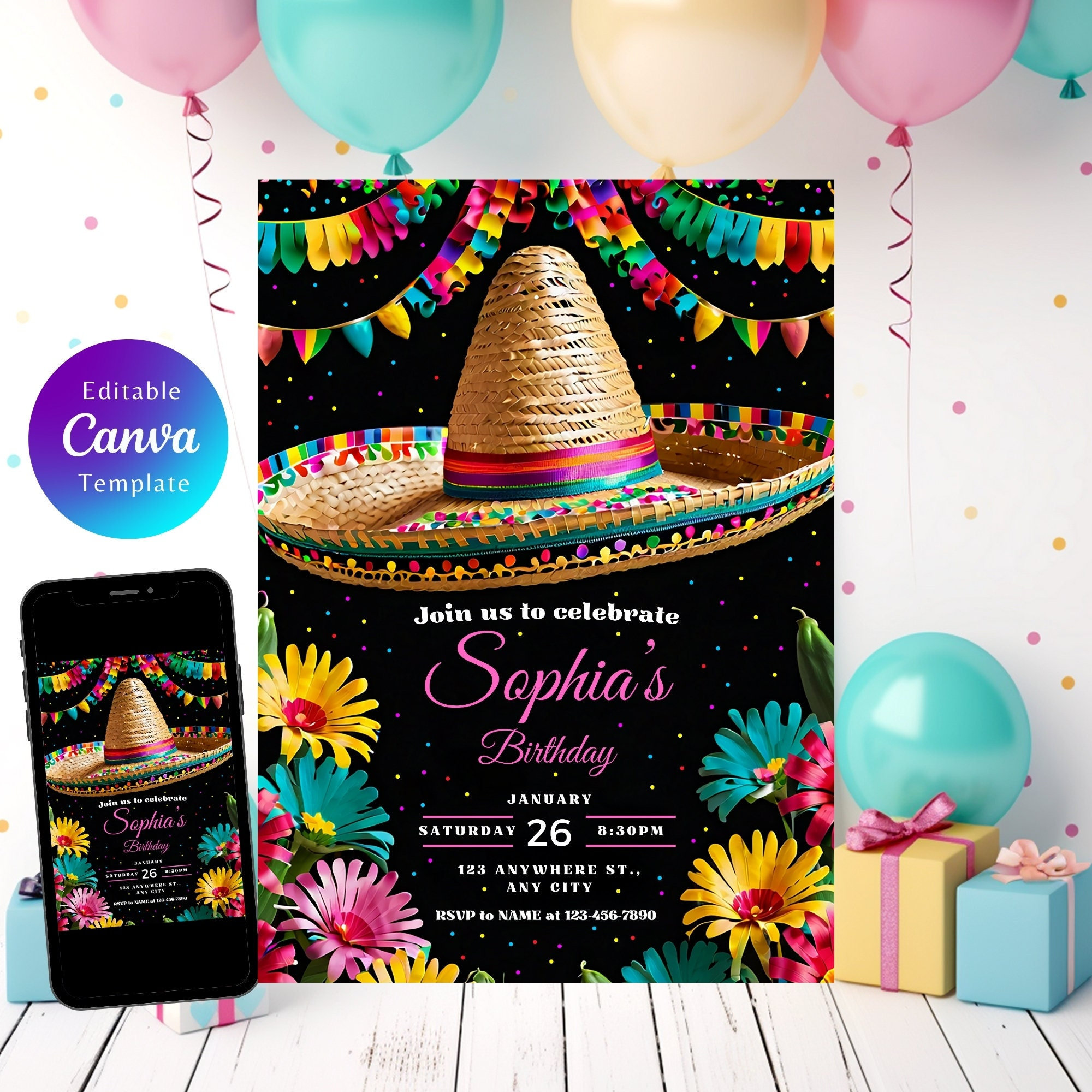 Fiesta Birthday Party Invitation, Mexican Fiesta Theme, Mexican Theme ...