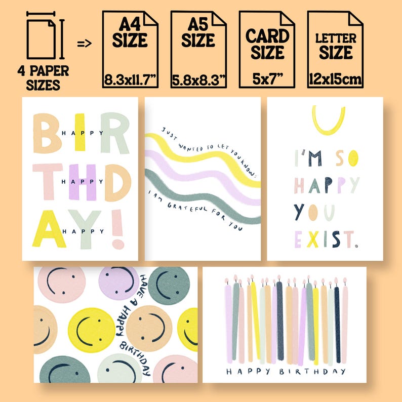 Minimal Pastel Birthday Card Set – 5 Designs + 5 DIY Envelopes ...
