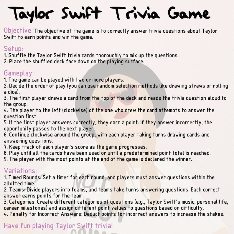 Taylor Trivia Questions | T Swift Digital Download Card Game | Kids ...