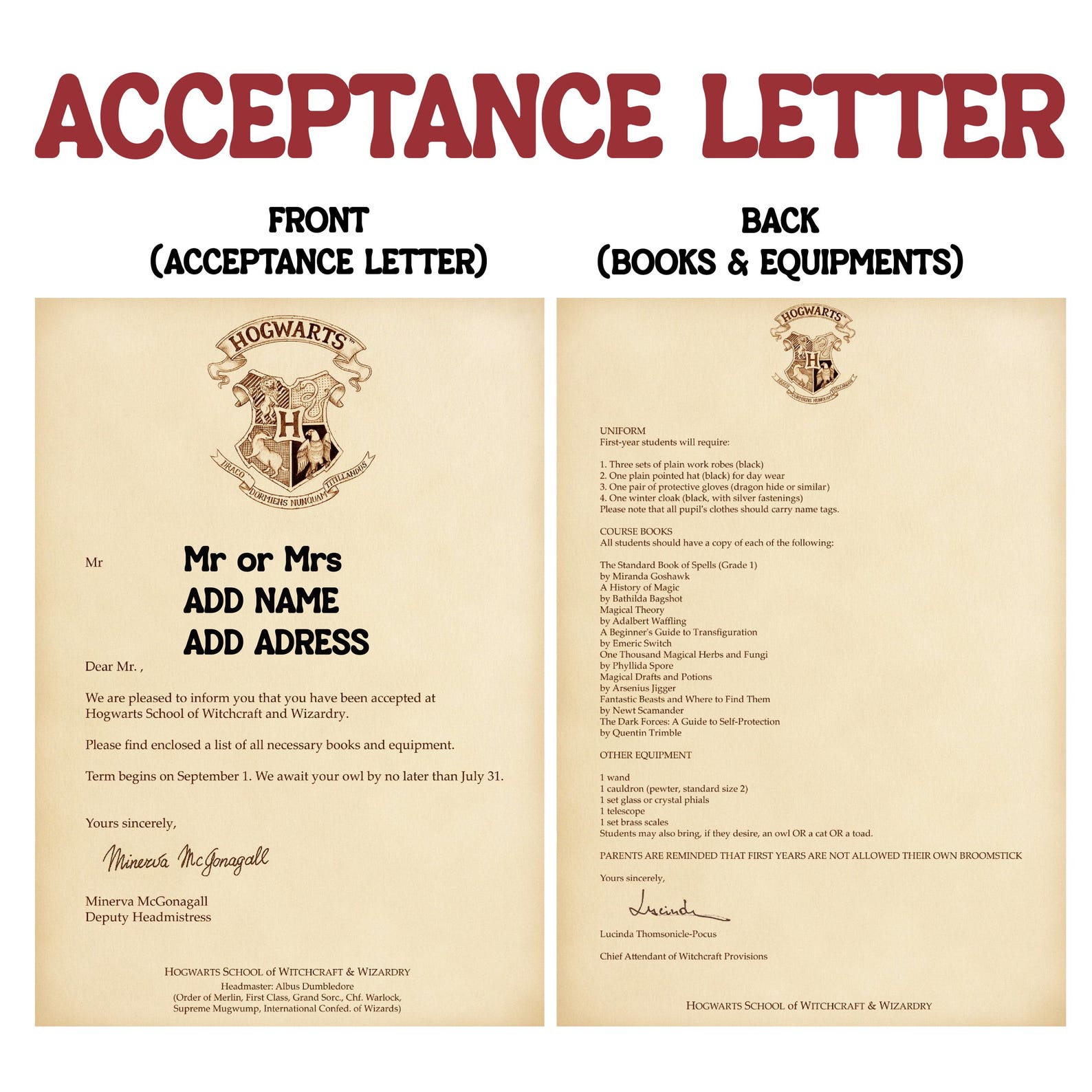 Printable Hogwarts Acceptance Letter – Mr & Mrs Versions + DIY Envelope ...