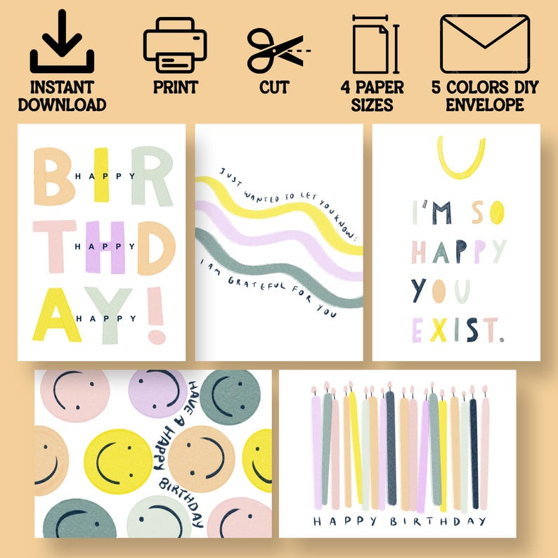 Minimal Pastel Birthday Card Set – 5 Designs + 5 DIY Envelopes ...