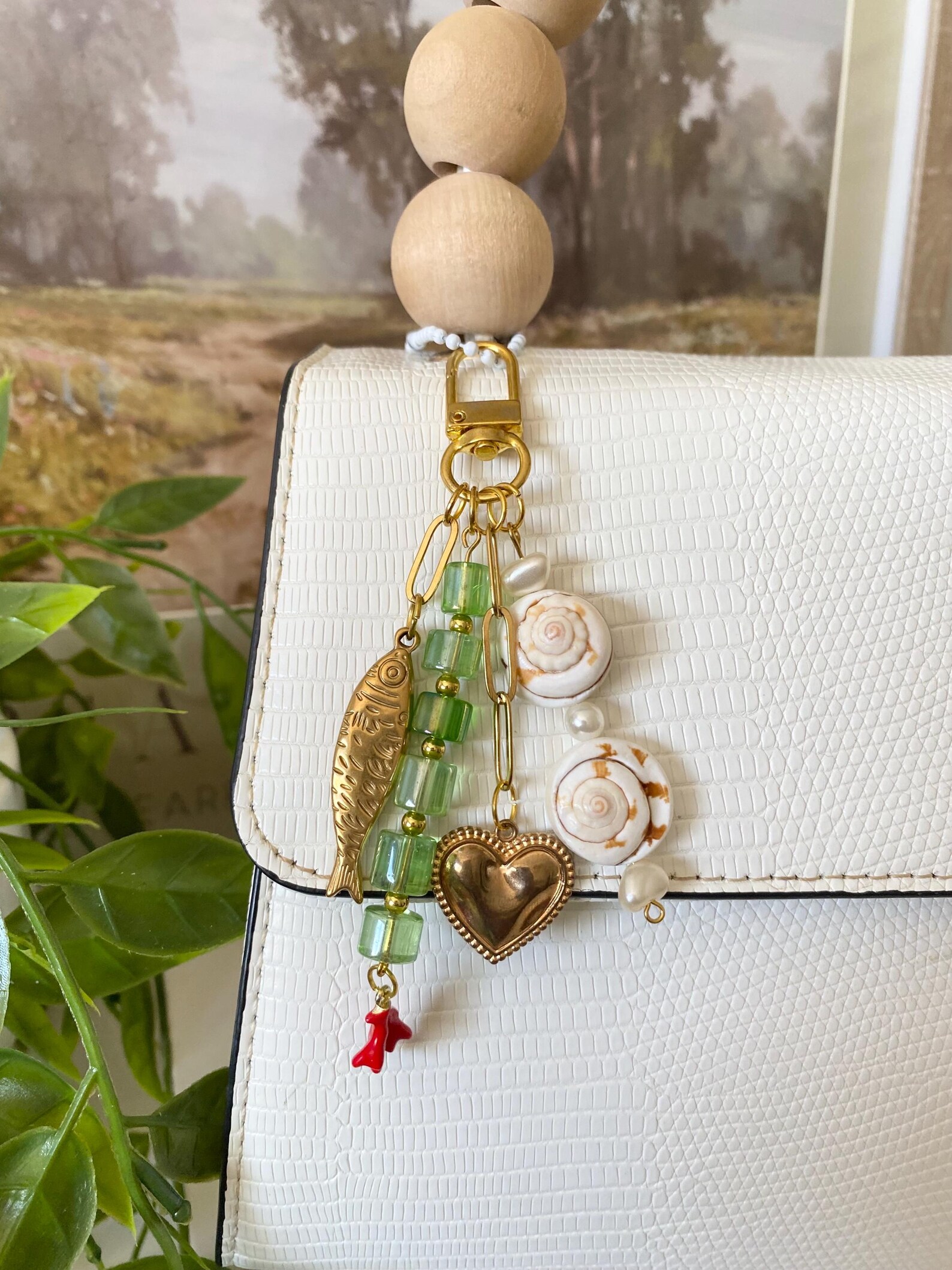 Gold Coastal Keychain With Seashells, Green Beads, Fish, and Heart ...