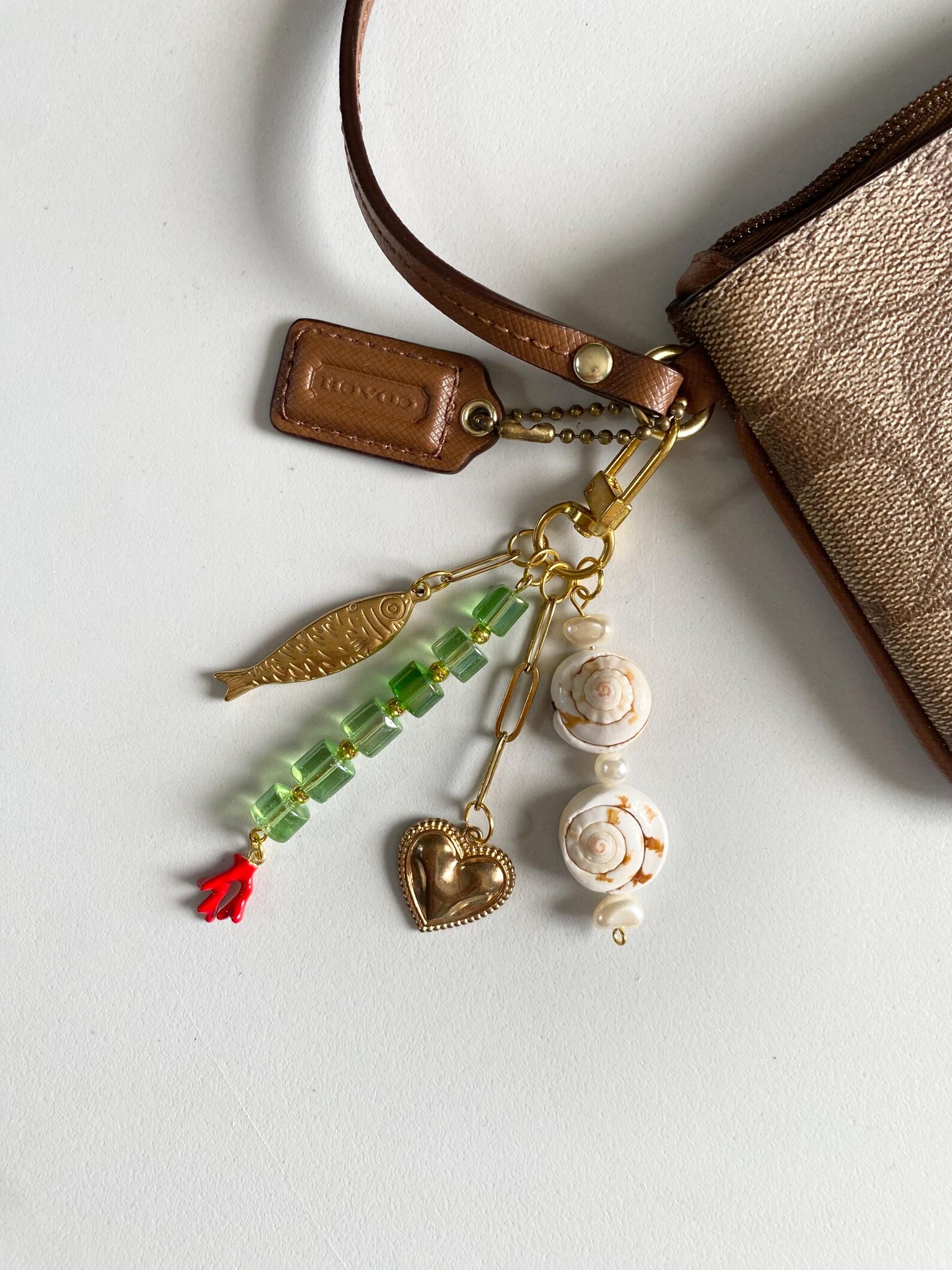 Gold Coastal Keychain With Seashells, Green Beads, Fish, and Heart ...