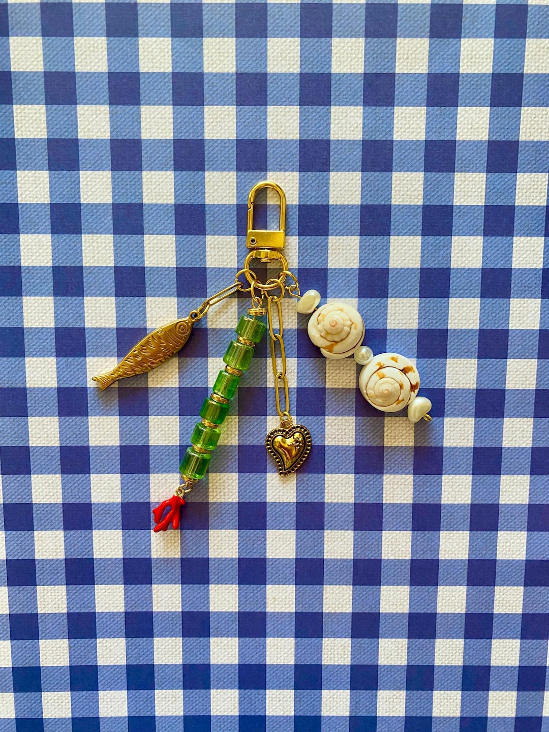 Ocean Charm Keychain – Gold Fish Seashell & Coral Bag Charm, Green ...