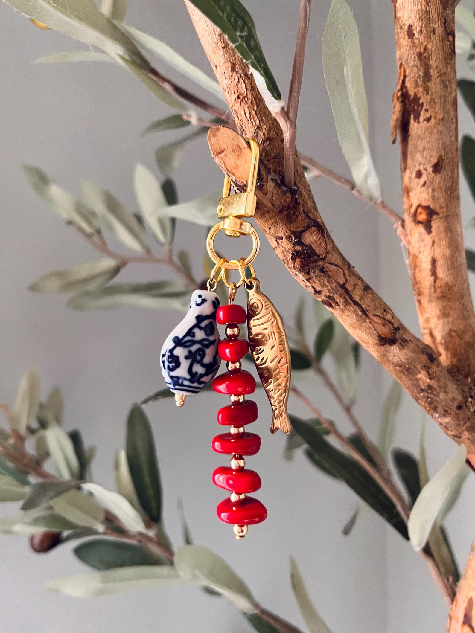 Red Beaded Keychain- Gold Sardine Keychain, Italian Summer Charm Bag ...