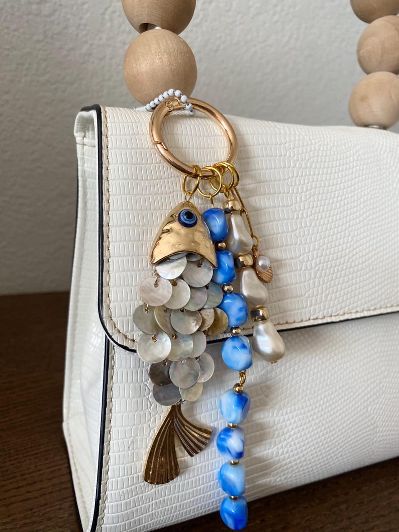 Handmade Blue Fish Keychain With Pearl & Shell Beads | Ocean-inspired ...