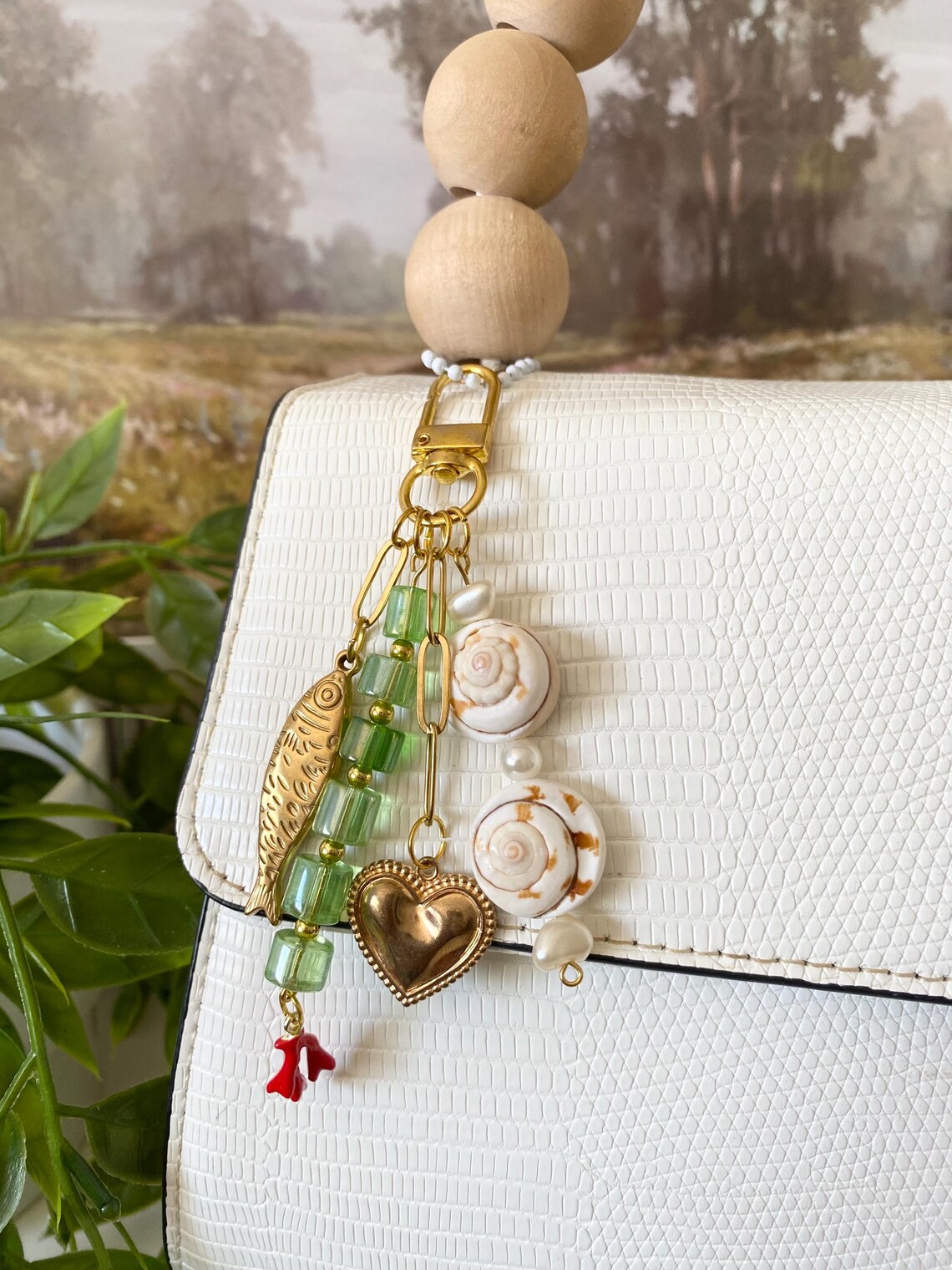 Gold Coastal Keychain With Seashells, Green Beads, Fish, and Heart ...