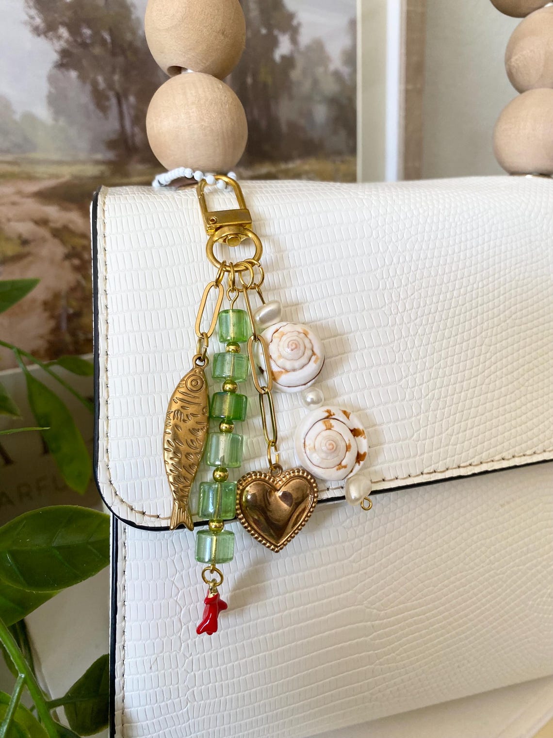 Gold Coastal Keychain With Seashells, Green Beads, Fish, and Heart ...
