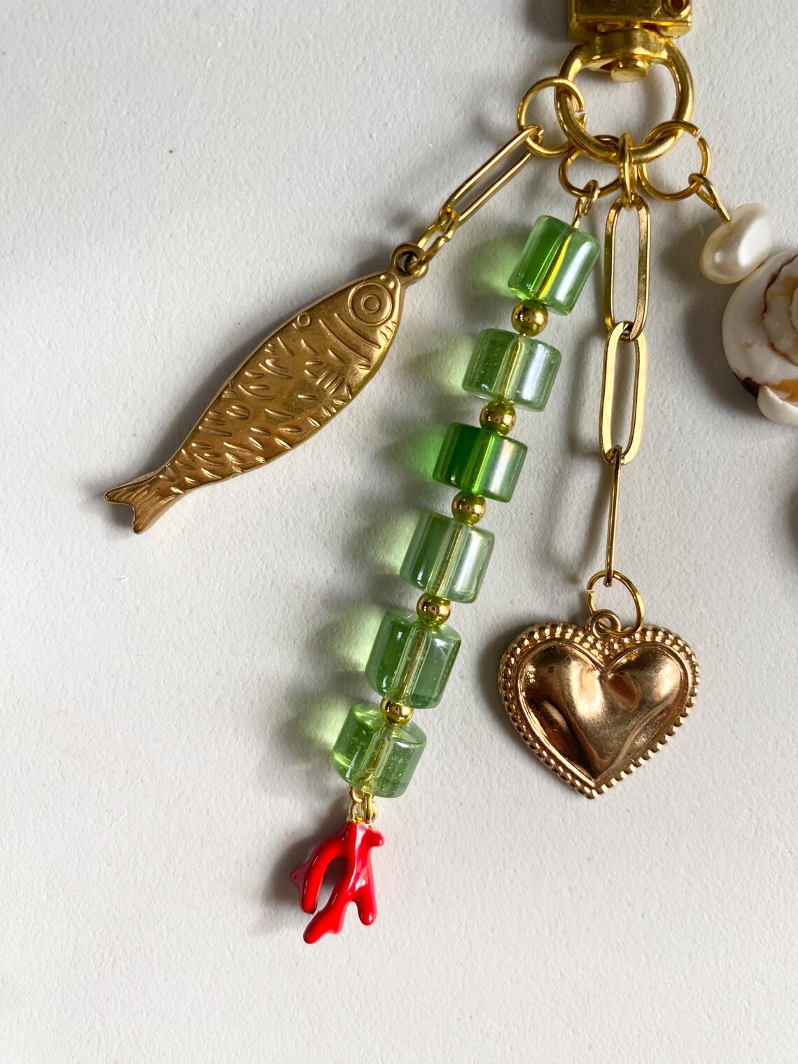 Gold Coastal Keychain With Seashells, Green Beads, Fish, and Heart ...