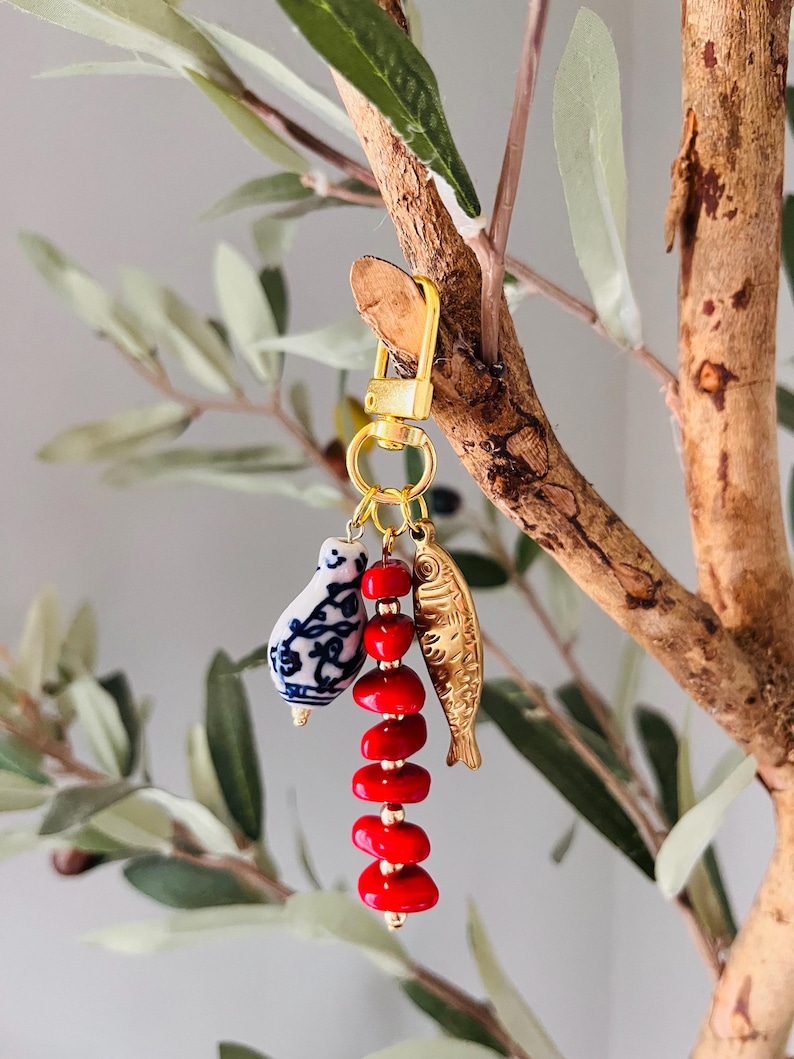Red Beaded Keychain- Gold Sardine Keychain, Italian Summer Charm Bag ...