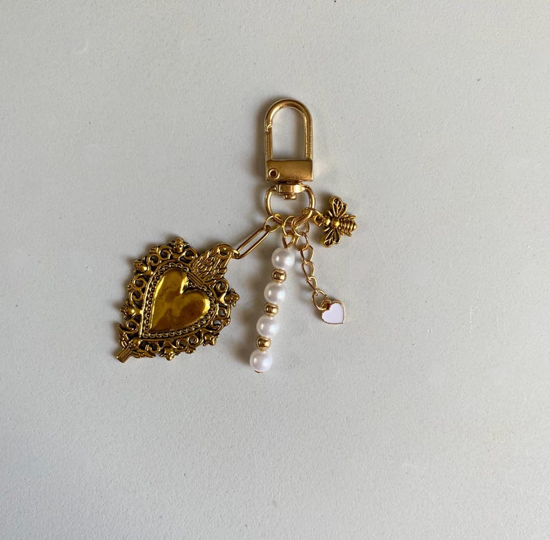 Handmade Gold Heart Keychain With Pearl Beads, Gold Bee Charm, Romantic ...