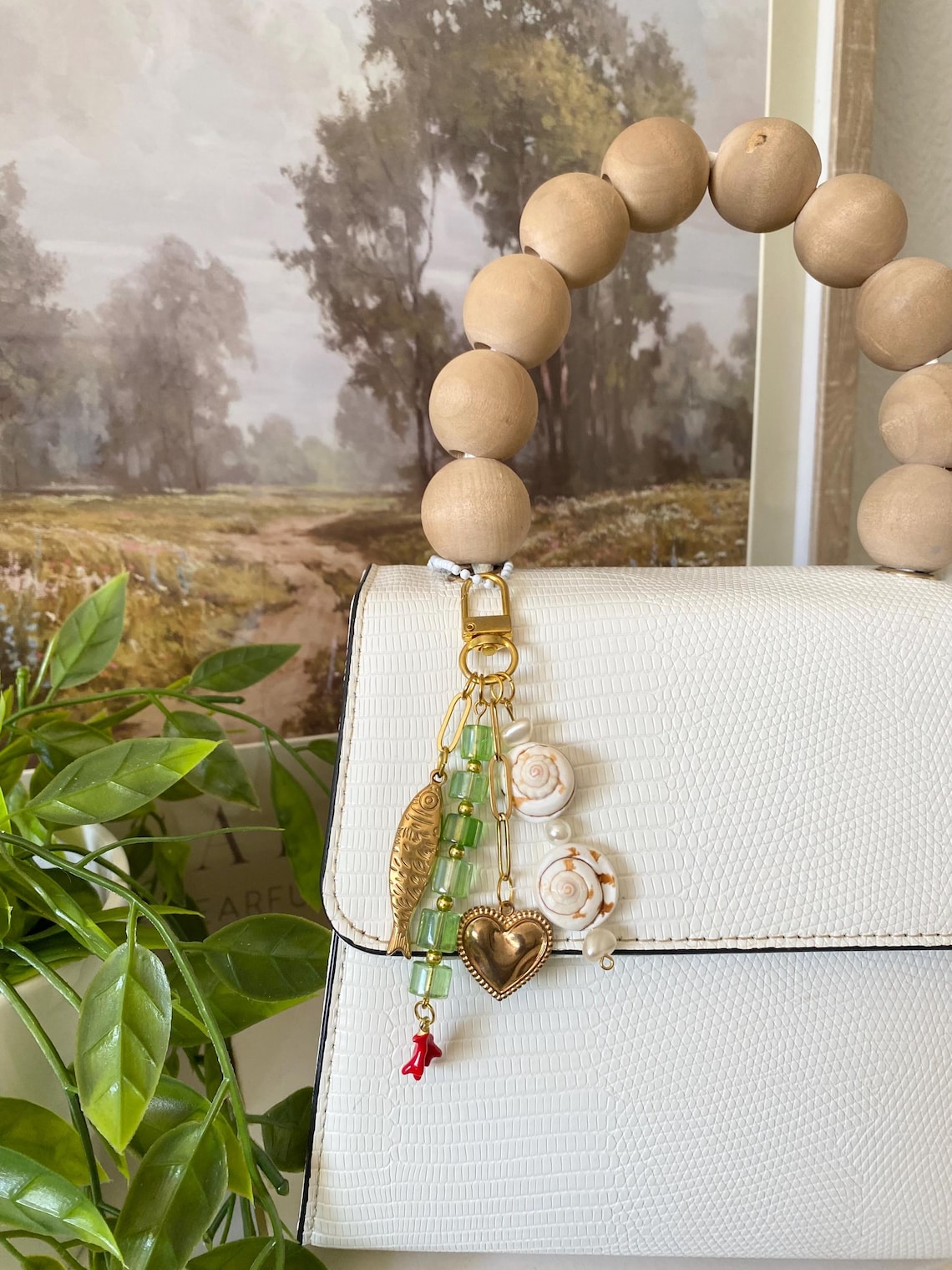 Gold Coastal Keychain With Seashells, Green Beads, Fish, and Heart ...