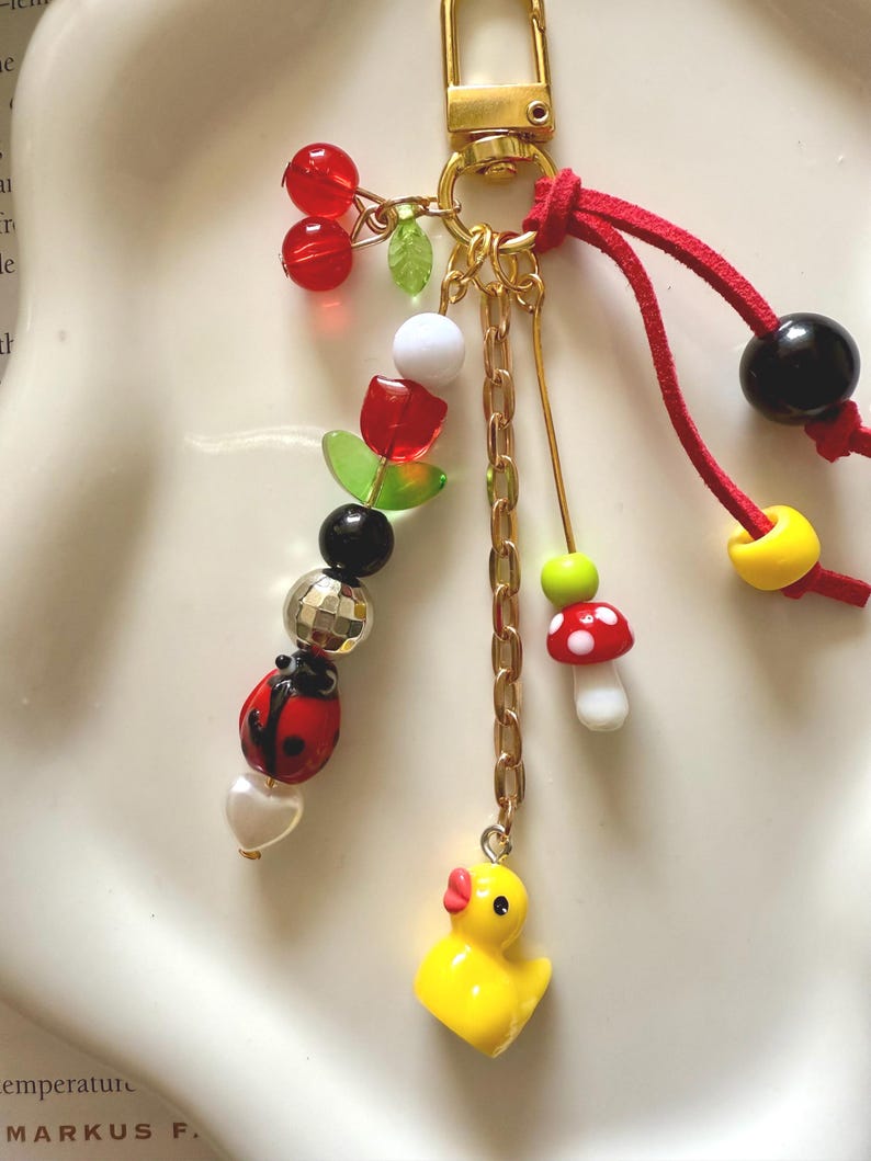 Beaded Keychain With Duck, Ladybug & Mushroom Charms, Y2k Bag Accessory ...