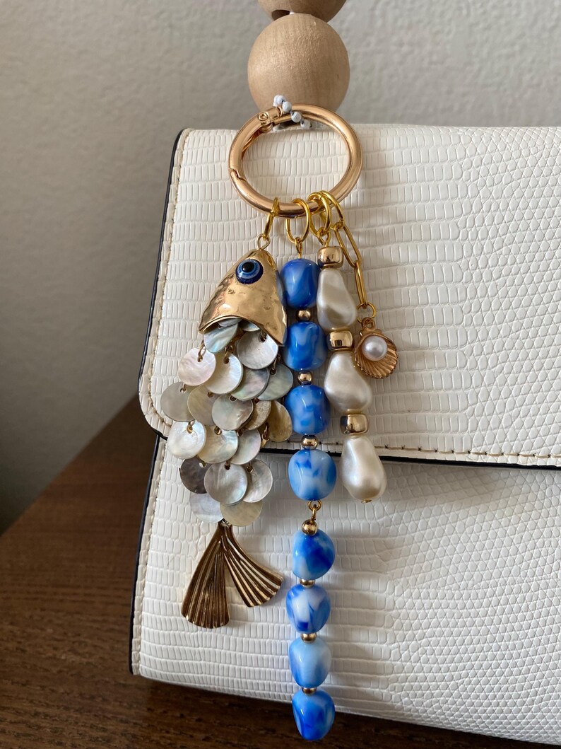 Handmade Blue Fish Keychain With Pearl & Shell Beads | Ocean-inspired ...