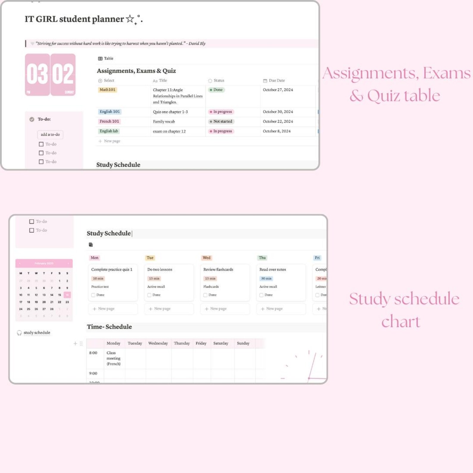 Pink Student Notion Planner, Aesthetic Academic Template (digital ...