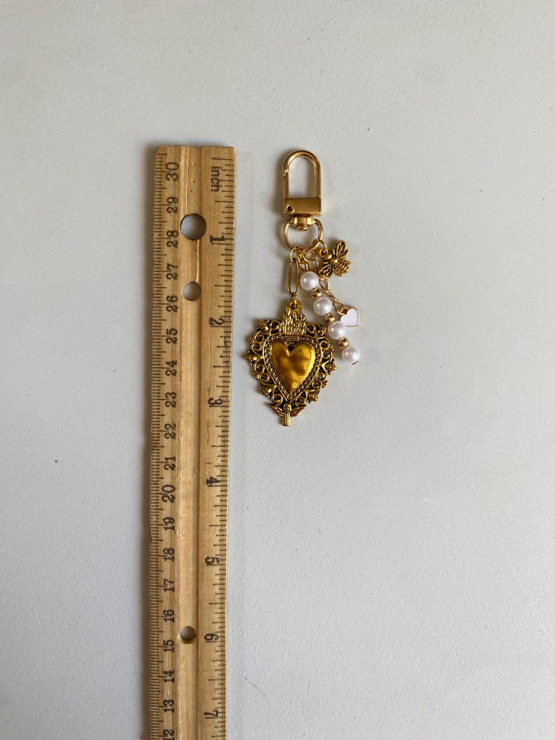 Handmade Gold Heart Keychain With Pearl Beads, Gold Bee Charm, Romantic ...